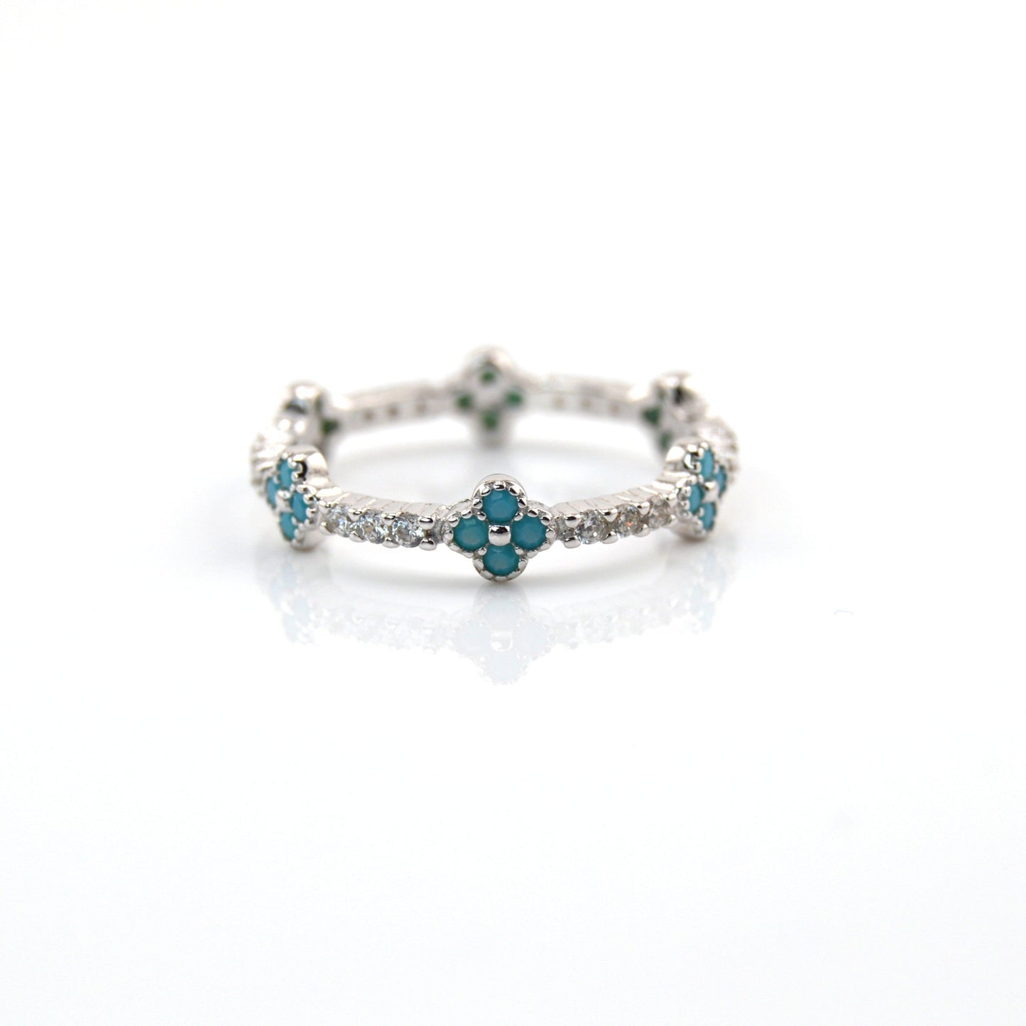 925 Sterling Silver Full Eternity Dainty Turquoise Blue Clover Ring ...